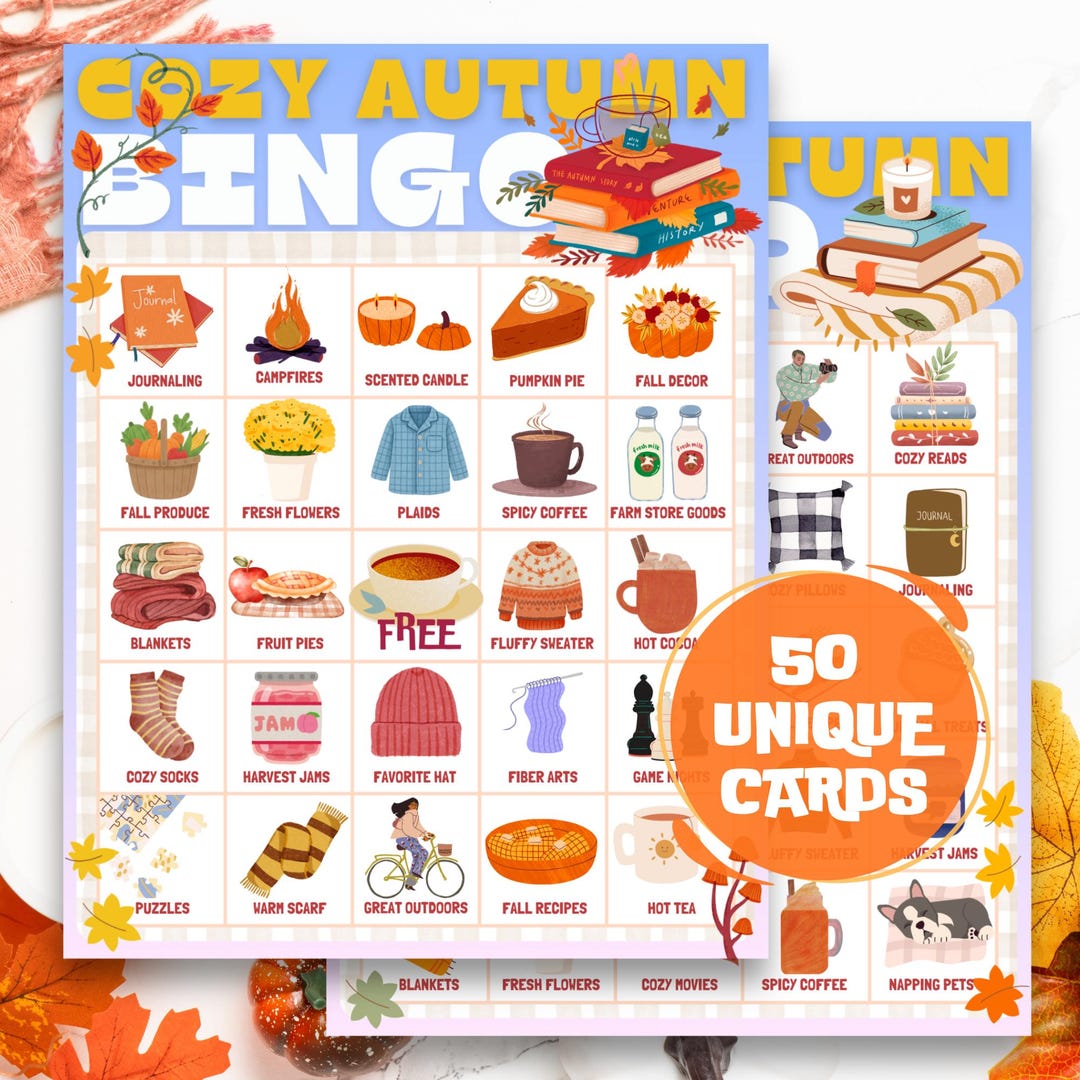 Cozy Autumn Bingo Printable Game | 50 Unique Cards for Autumn Fun ...