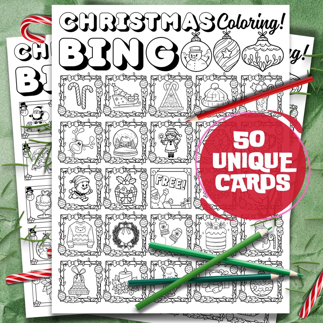 50 Cute Christmas Coloring Bingo Cards | Kids Holiday Party Game ...