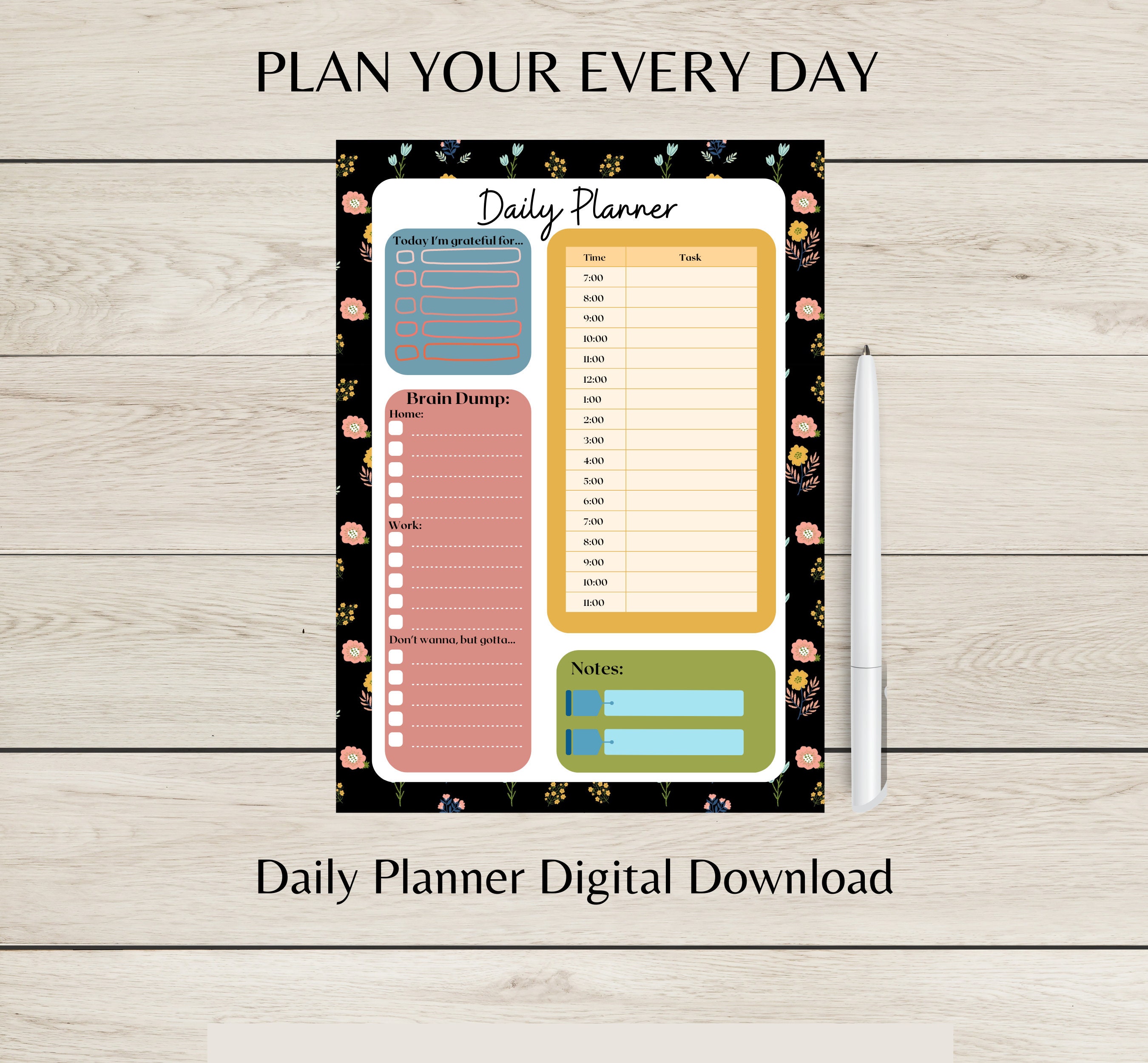 Printable Daily Planner, Floral Design, BOHO, Instant Download ...