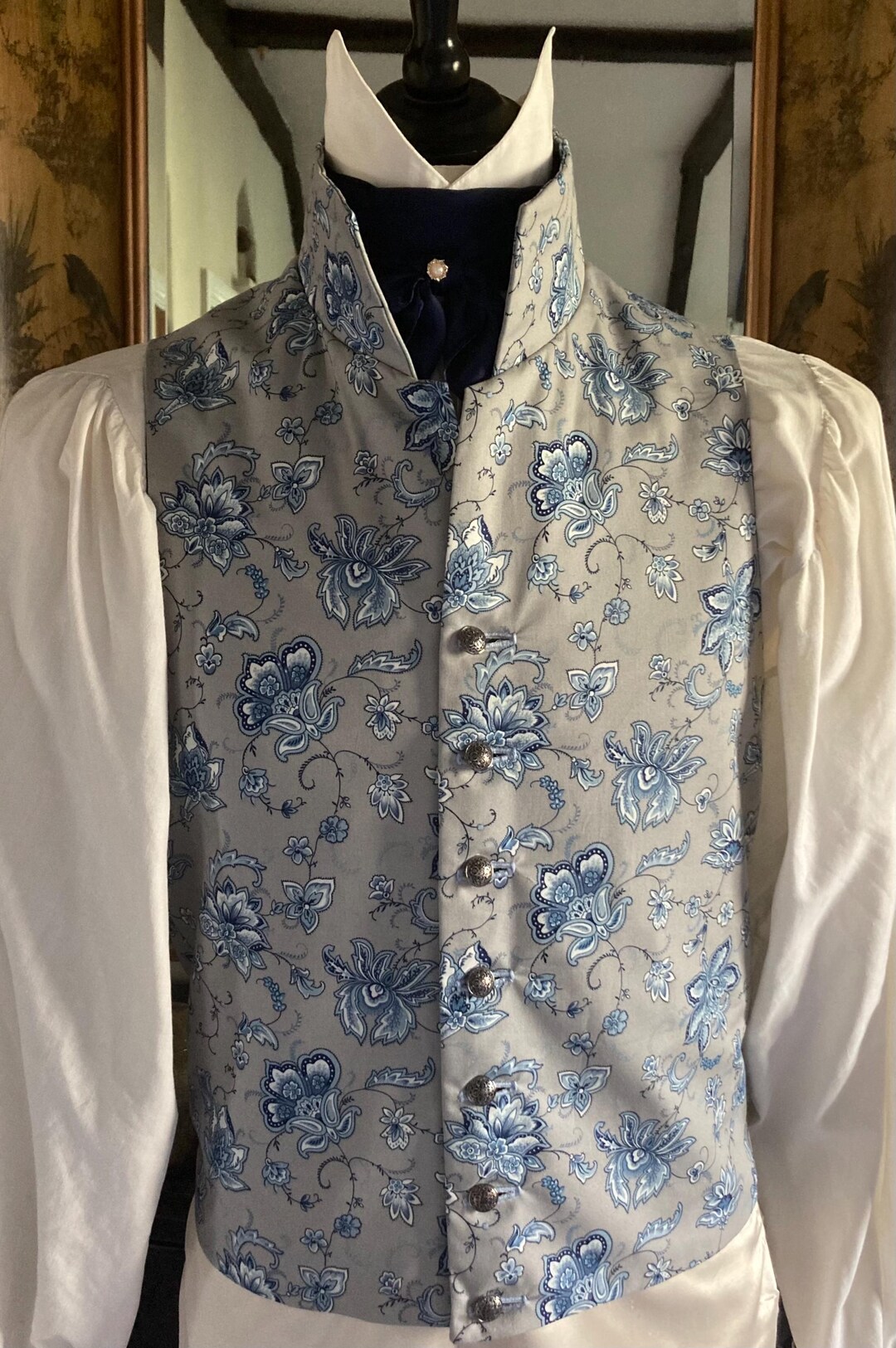 Men's Regency Waistcoat, Single Breasted, Stand Collar, Light Grey and ...