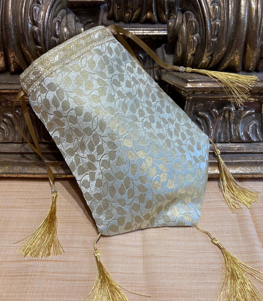 Regency Reticule in a Sumptuous Gold Vine Brocade Fabric, Gold Tassels ...