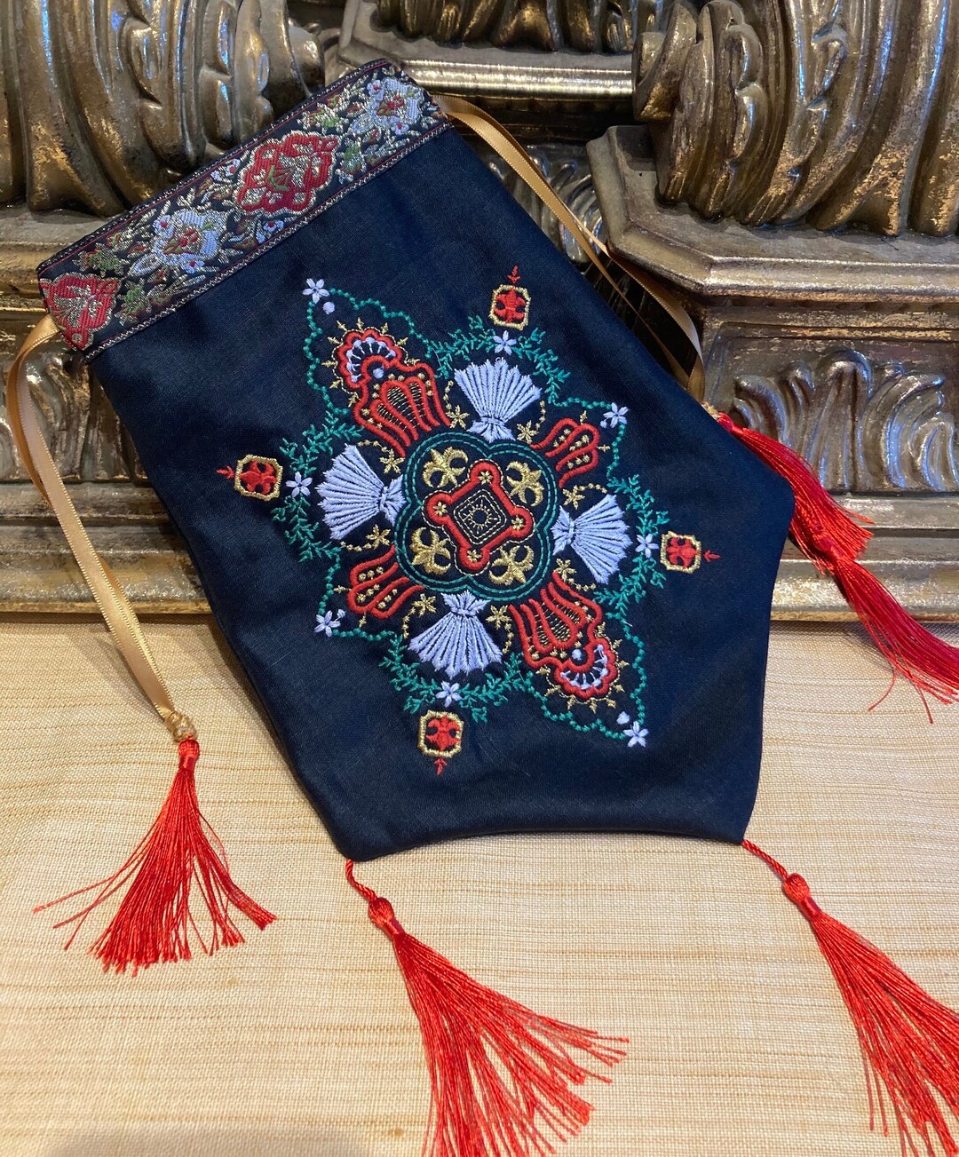 Regency Reticule in a Pure Black Linen, Stunning Embroidery Design in ...