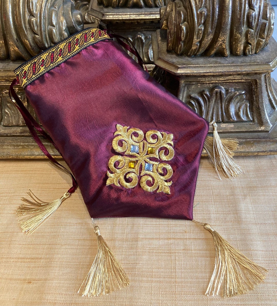 Regency Reticule in a Red Taffeta, Stunning Embroidery Motif Design in ...