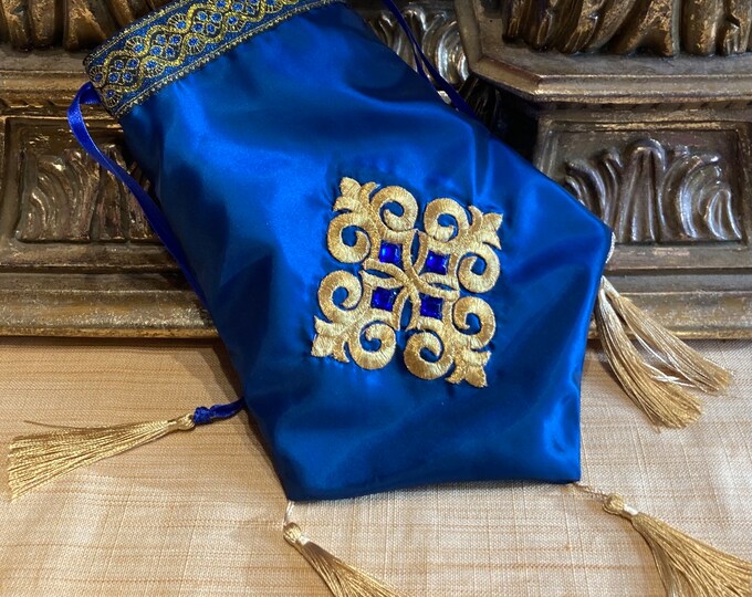 Blue Taffeta Regency Reticule: Gold Embroidery & Gemstones - Etsy