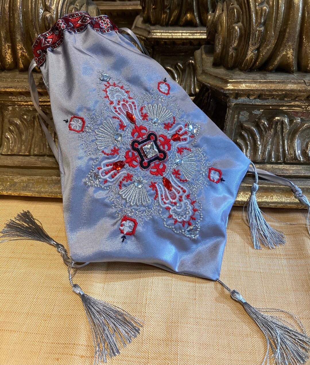 Silver Taffeta Regency Reticule: Embroidered Evening Bag With Tassels ...