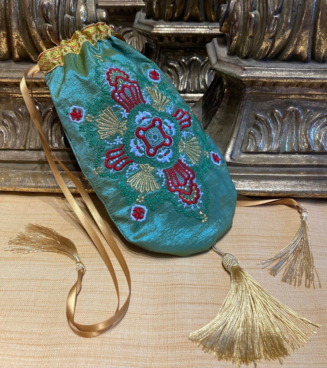 Handmade Regency Reticule: Green Taffeta Floral Embroidery, Gold Tassel ...