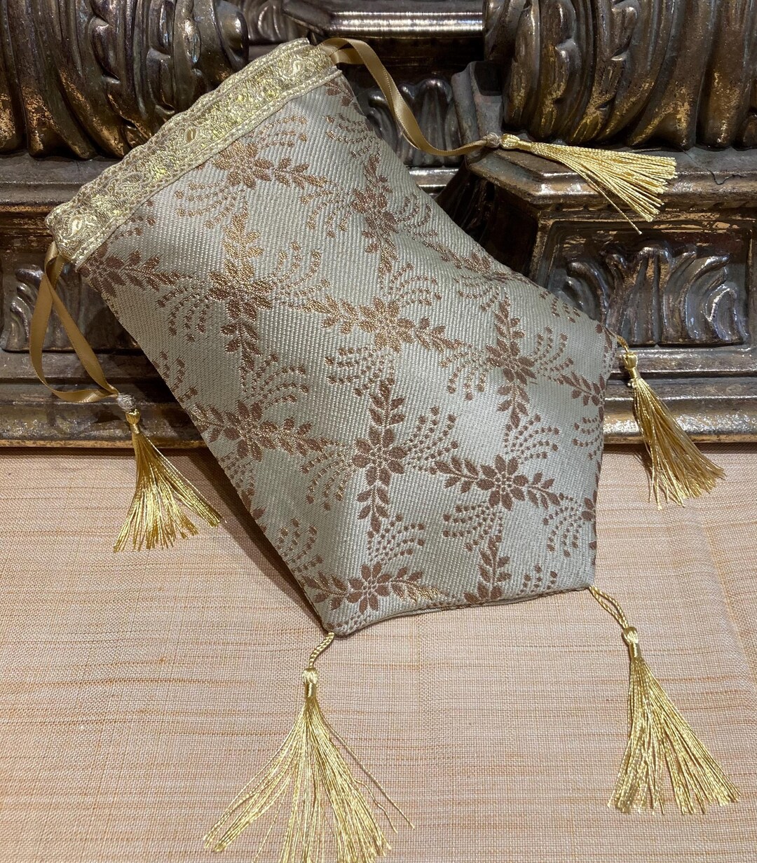 Regency Reticule In A Sumptuous Gold Floral Vine Brocade Fabric Gold