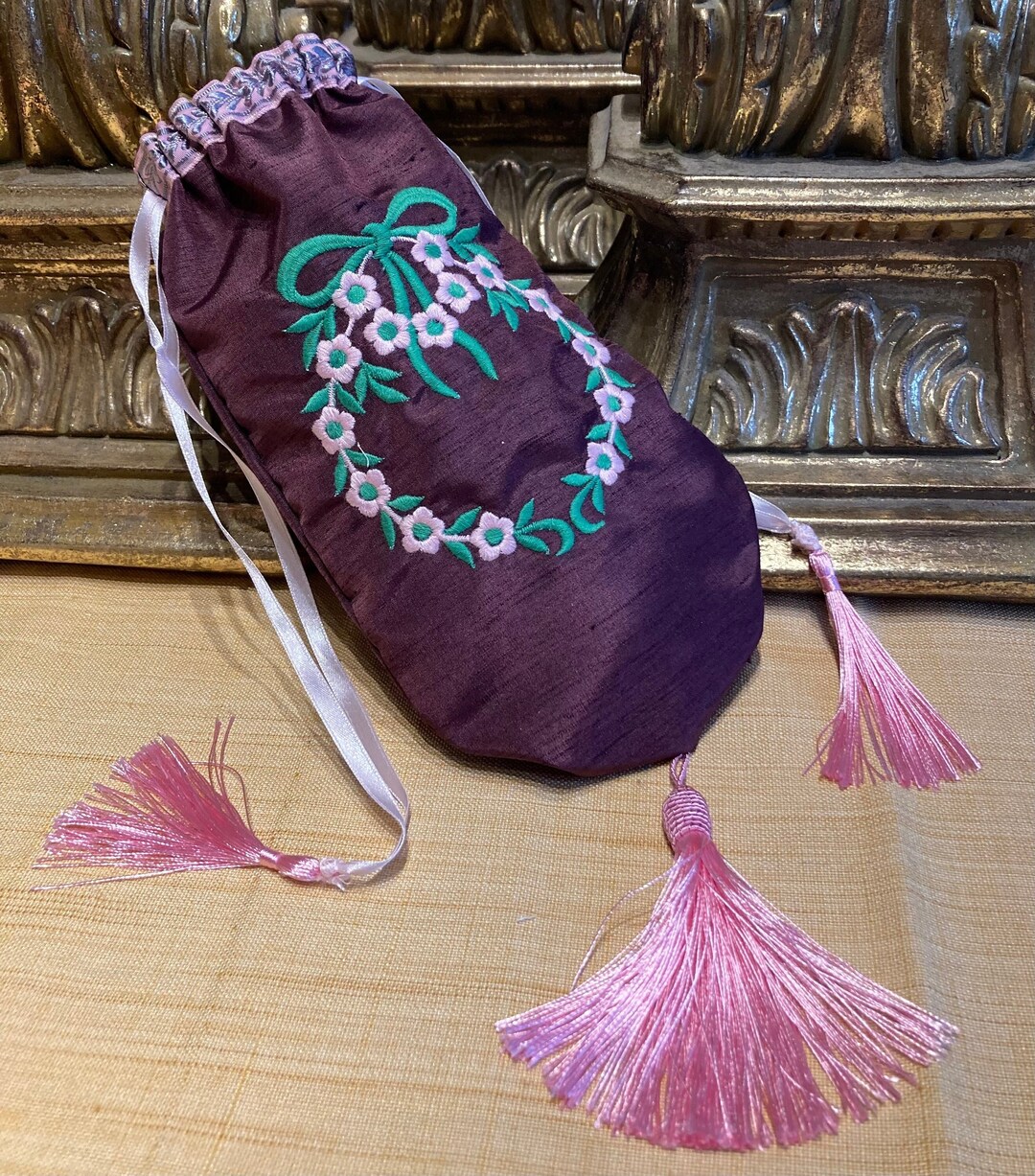 Regency Reticule Made in Purple Satin With a Stunning Floral Embroidery ...