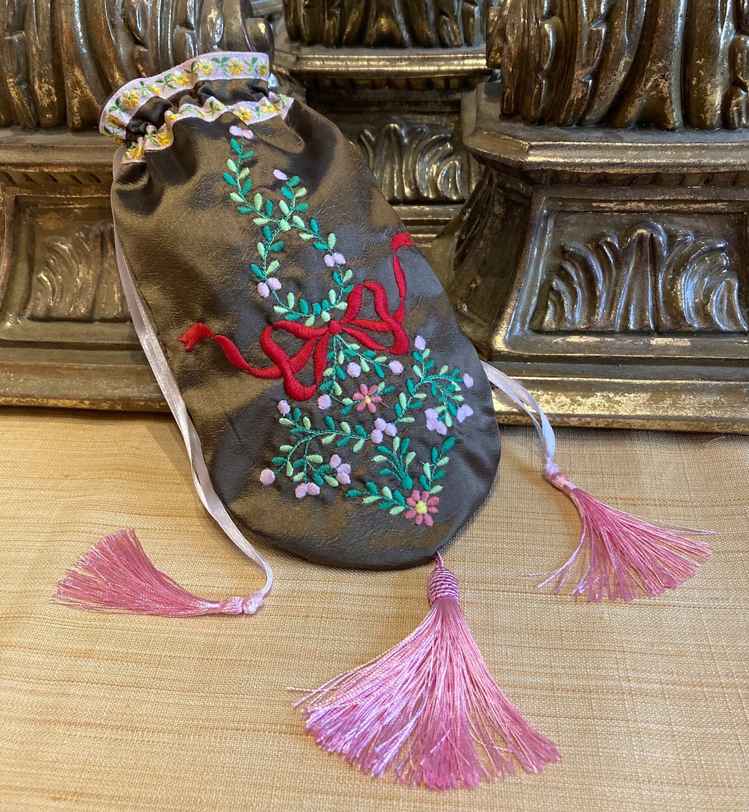 Regency Reticule Made in an Olive Taffeta With a Stunning Floral ...