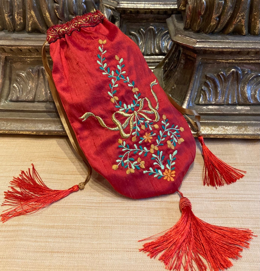 Regency Reticule Made in Red Pure Silk With a Stunning Floral ...