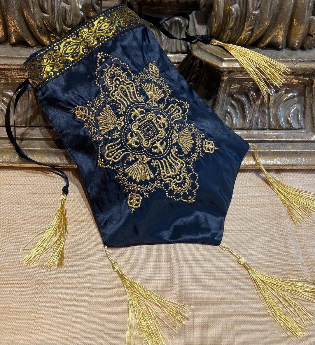 Regency Reticule in a Sumptuous Black Taffeta, Stunning Ornate Gold ...