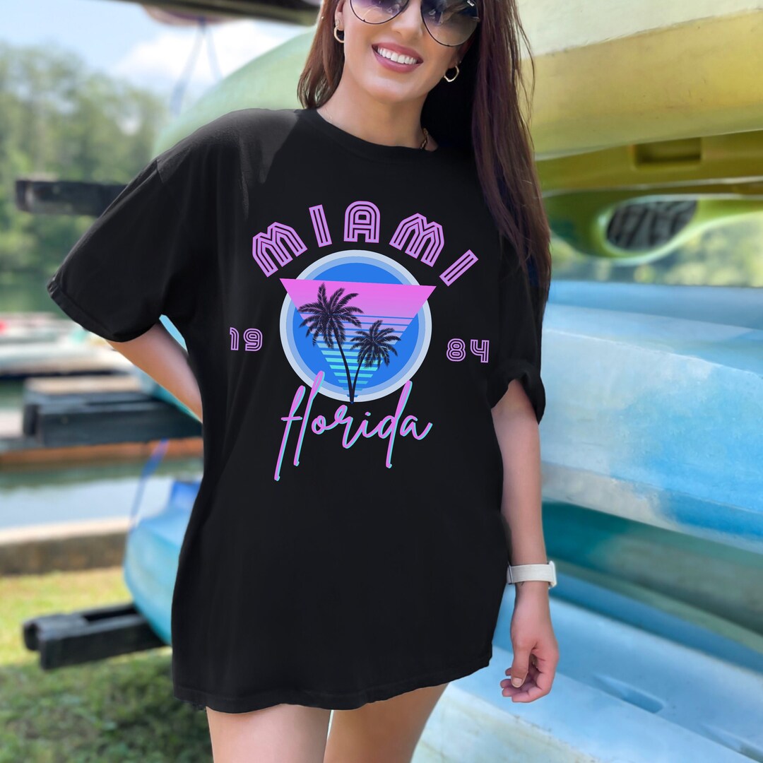 80s Retro Miami Florida Shirt Palm Tree Beach Graphic Tee Trendy Beach ...