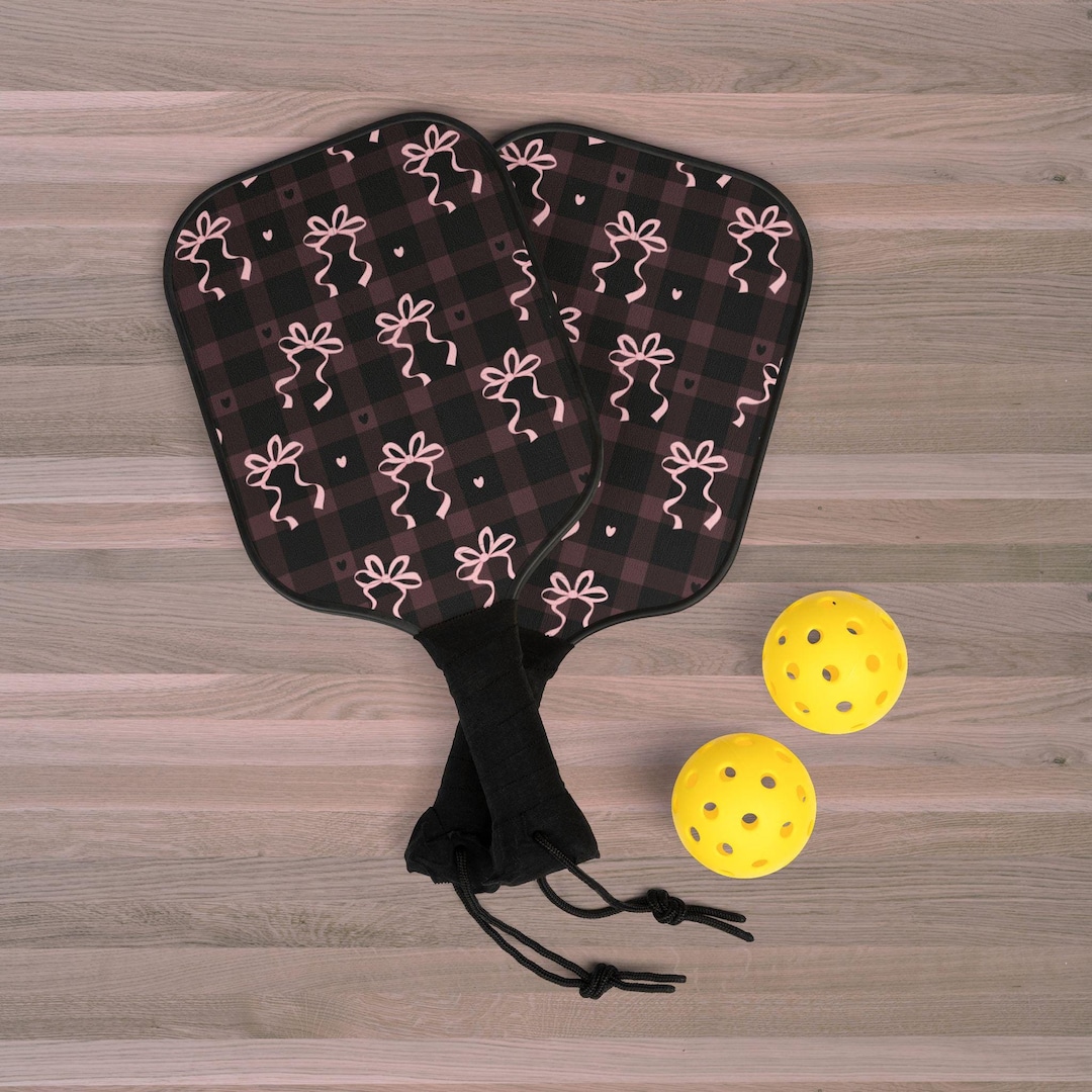 Pink Bow Pickleball Paddle Set Black Coquette Buffalo Plaid Design ...