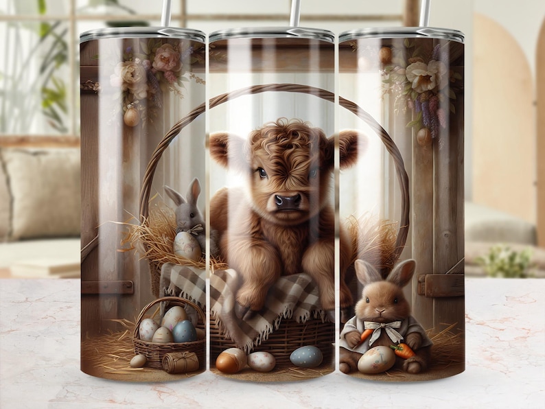 Easter Highland Cow Tumbler Wrap PNG, Bunny Rabbit Basket Printable ...