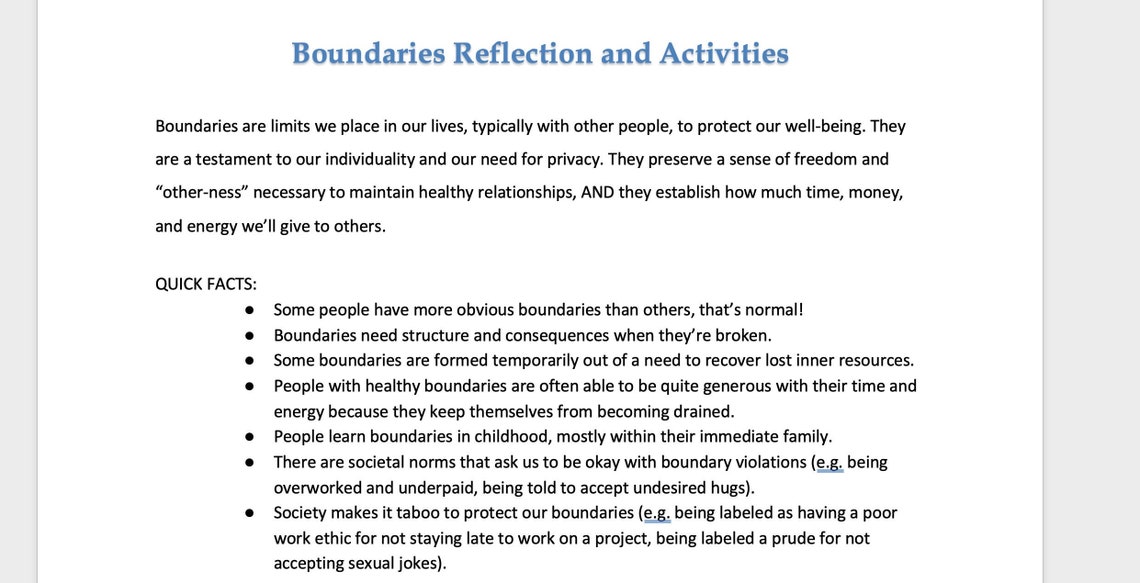 Boundaries Worksheet With Reflection Activities - Etsy