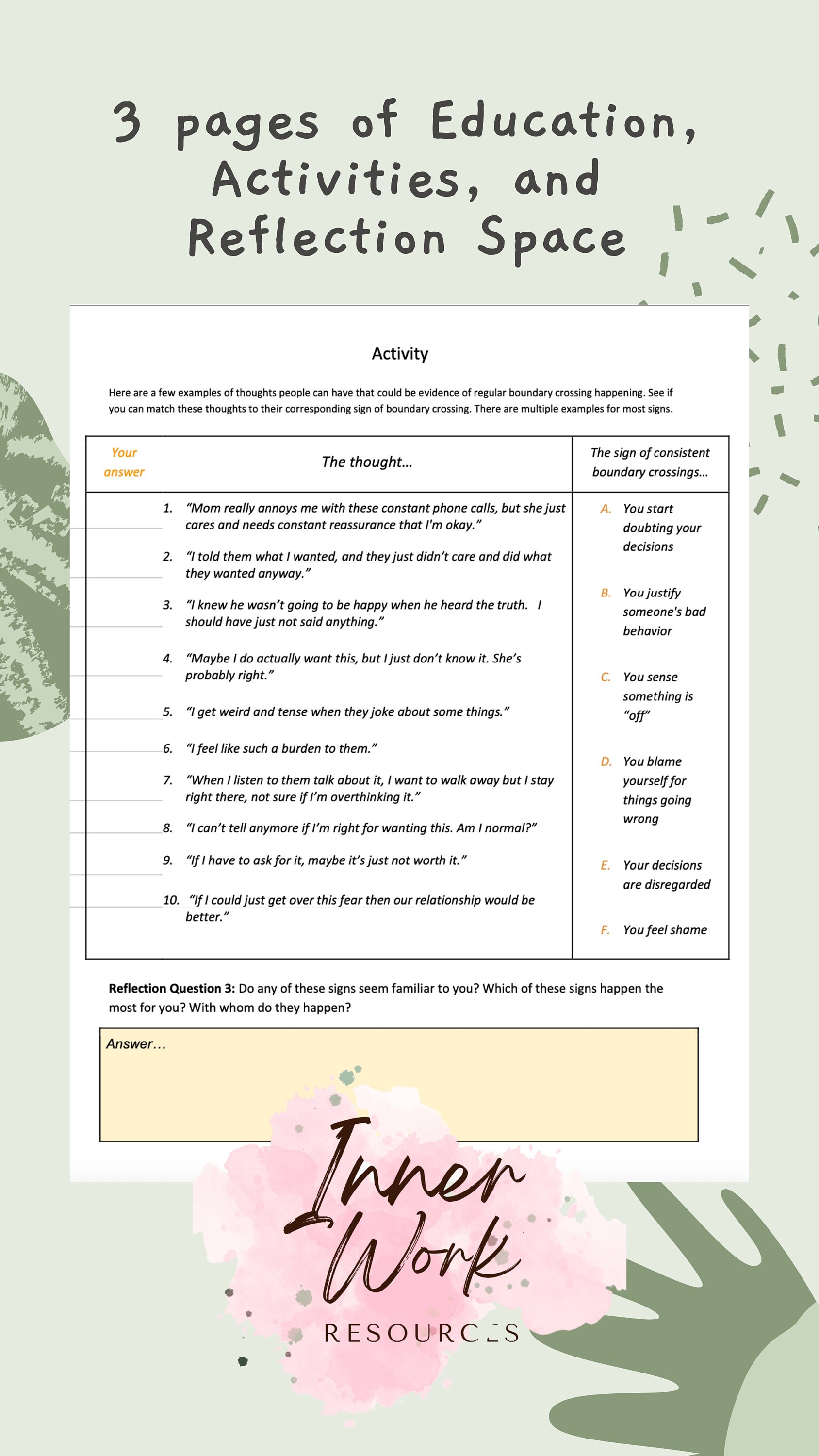 Boundaries Worksheet With Reflection Activities - Etsy