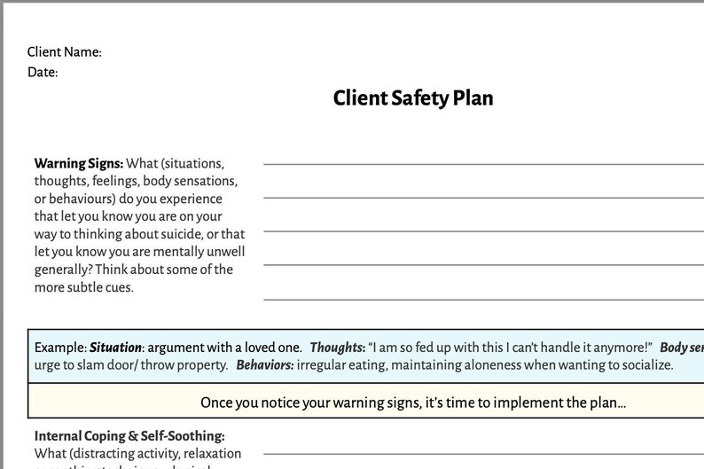 Safety Plan for Clients With Suicidal Ideation - Etsy