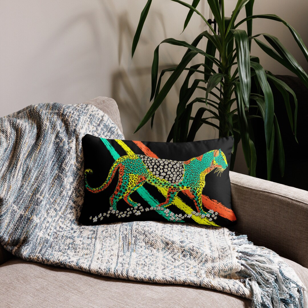 Neon Panter- Leopard Walking With the Daisies Basic Pillow - Etsy