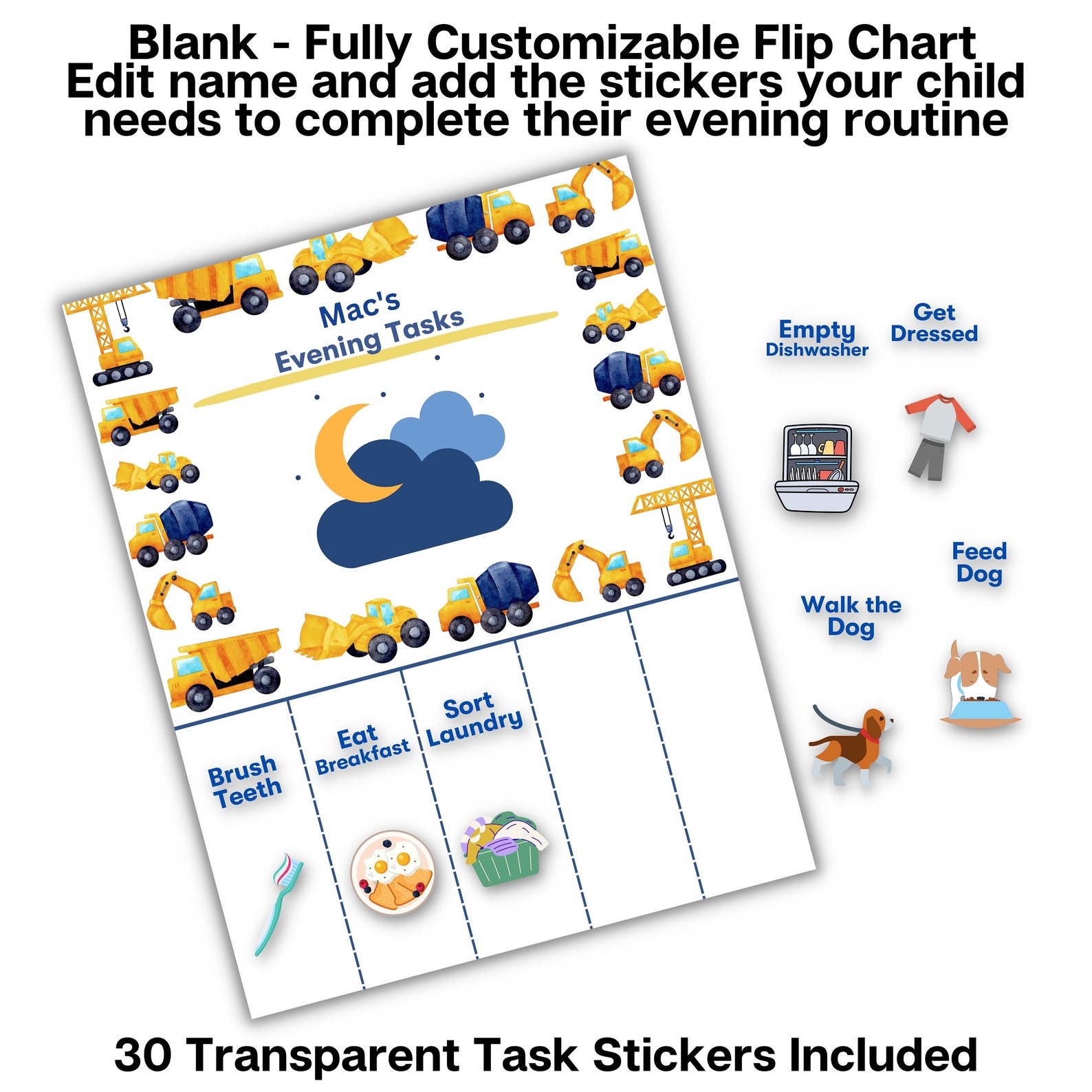 Construction Trucks Kids Chore Chart: Evening Routine (digital Download ...