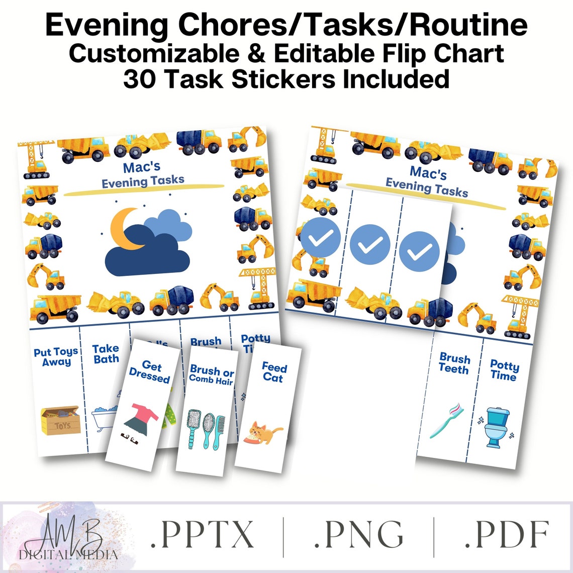 Construction Trucks Kids Chore Chart: Evening Routine (digital Download ...