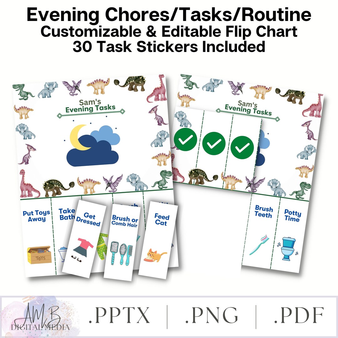 Kids Evening Chore Chart: Dinosaur Visual Flip Chart (digital Download ...