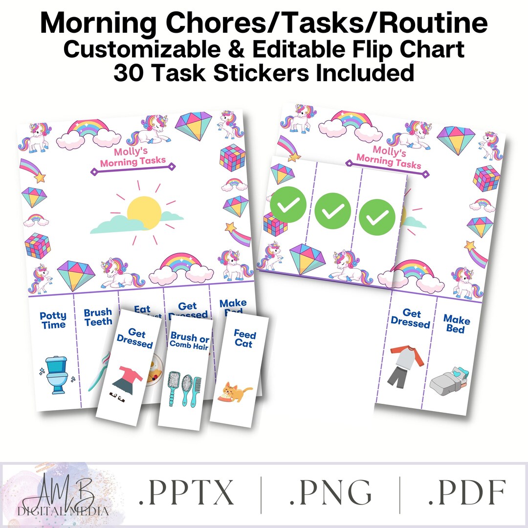 Unicorn Kids Chore Chart: Customizable Morning Routine Flip Chart ...
