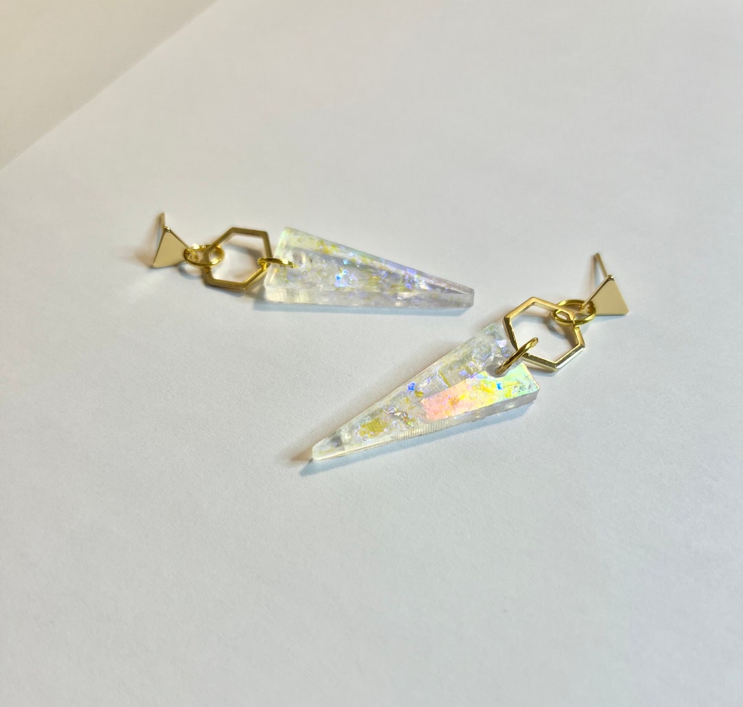 Iridescent AND Holographic Spikes Dangle Earrings With Gold Plated ...