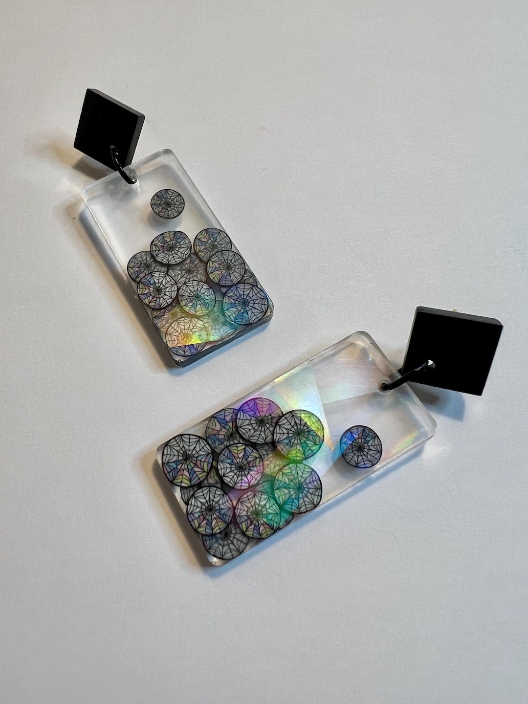 Holographic Stained Glass Spider Webs! | Iridescent Halloween Earrings ...
