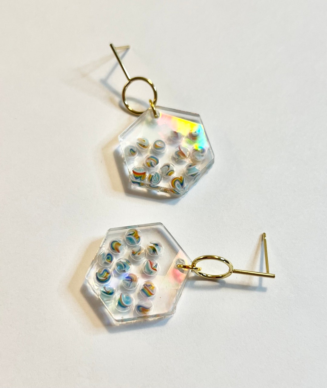 Tiny Marbles Holographic Hexagonal Dangle Earrings With Tiny 4mm Micro Marbles and 18k Gold ...
