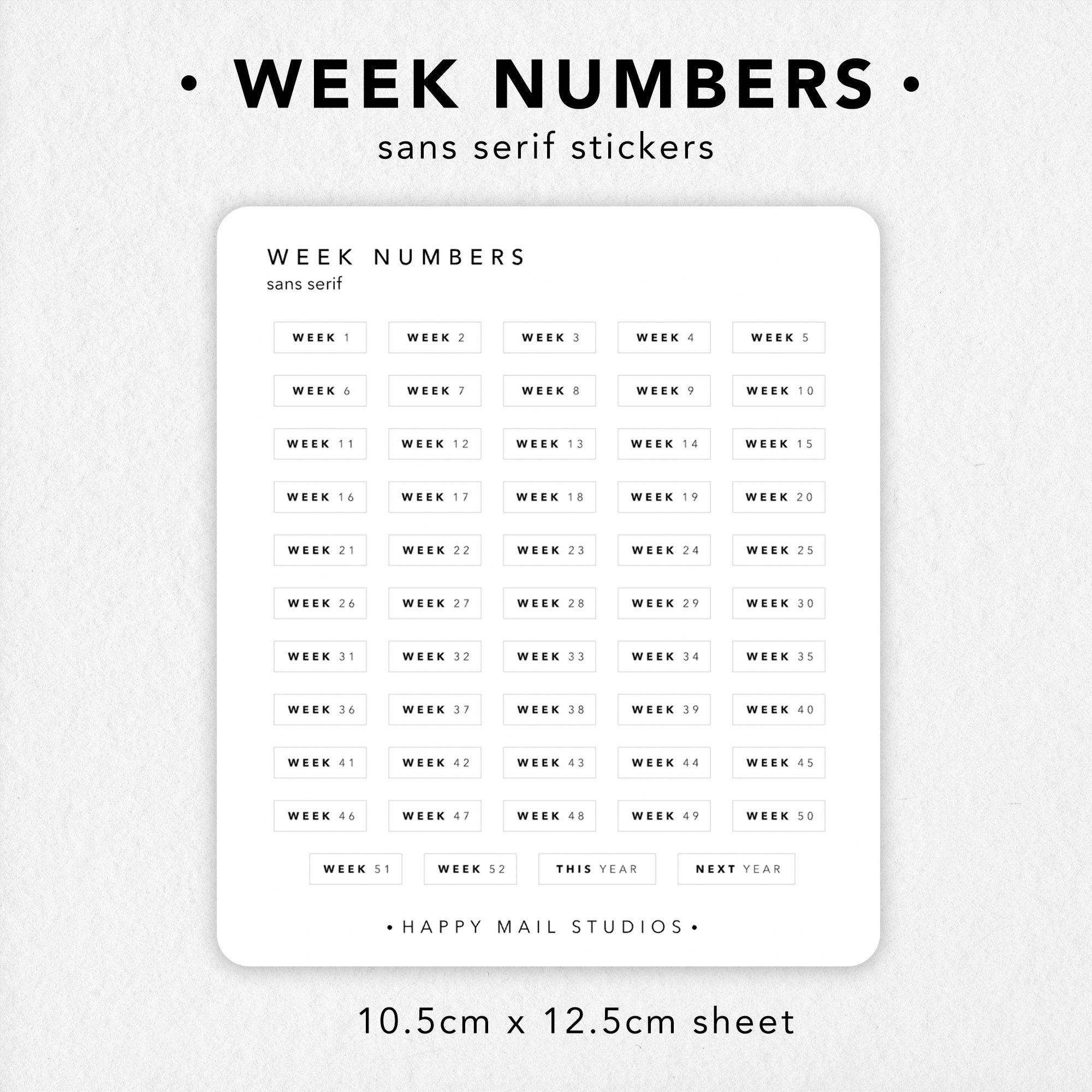Week Numbers 1-52 Stickers Planner Stickers Bullet Journal Stickers Sans Serif Stickers Minimal ...