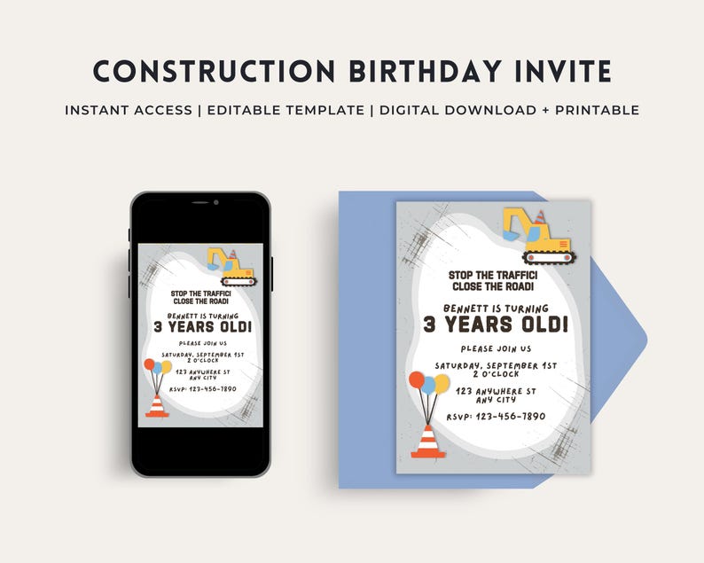 Construction Birthday Party Invitation, Construction Zone Party Decor ...