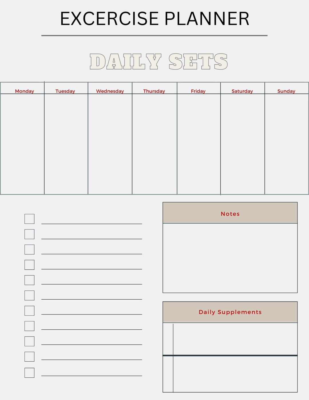 Workout and Nutrition Planner, Planner, Exercise, Meals, Nutrition - Etsy