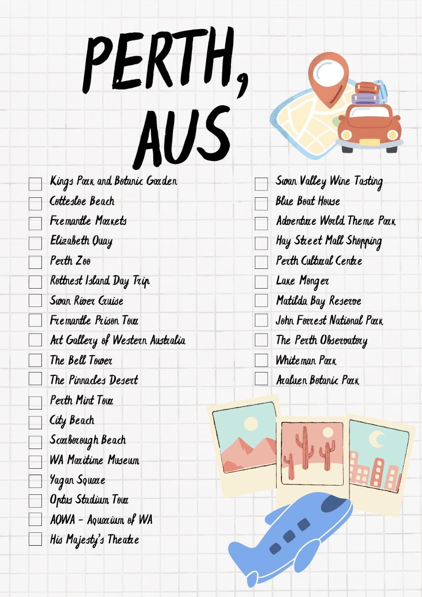 Perth Printable Checklist Bucket List (premium: Choose From 6 Designs ...