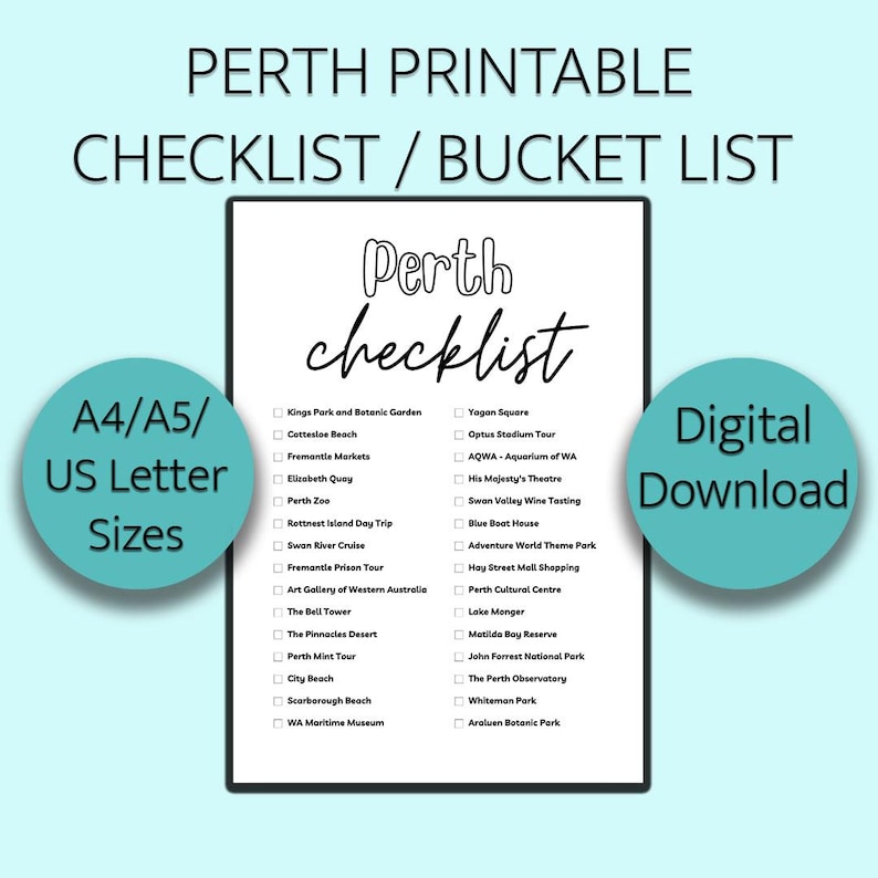 Perth Printable Bucket List Checklist (simple Style) - Etsy