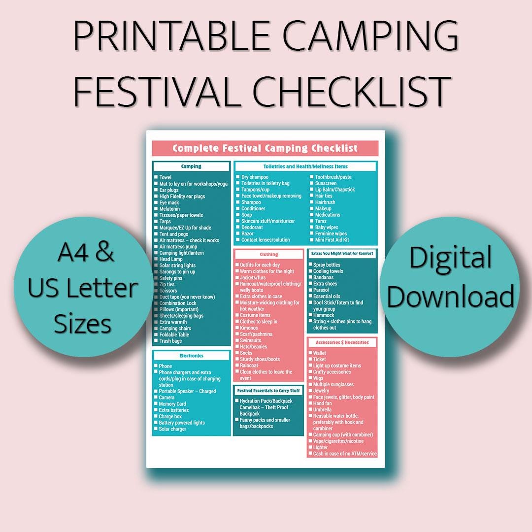 Music Festival Camping Checklist - Printable Full Packing List for ...