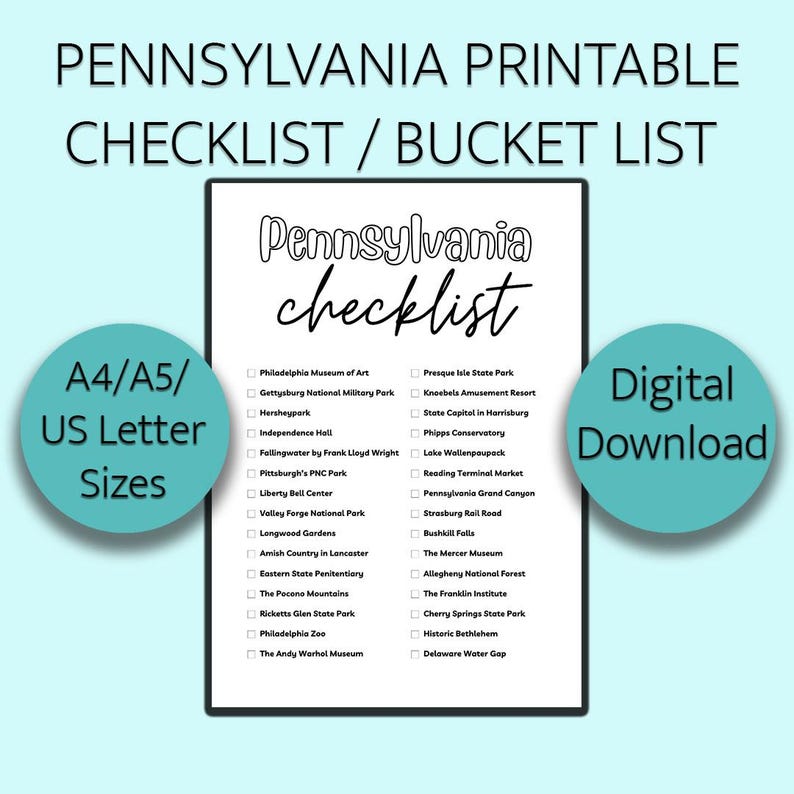 Pennsylvania Printable Bucket List Checklist (simple Style) - Etsy