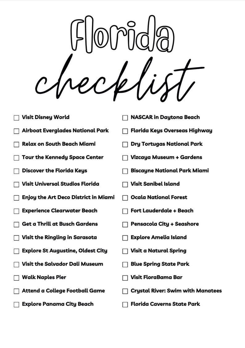 Florida Printable Checklist Bucket List (premium: Choose From 6 Designs ...