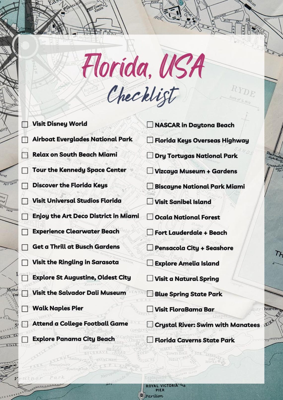 Florida Printable Checklist Bucket List (premium: Choose From 6 Designs ...
