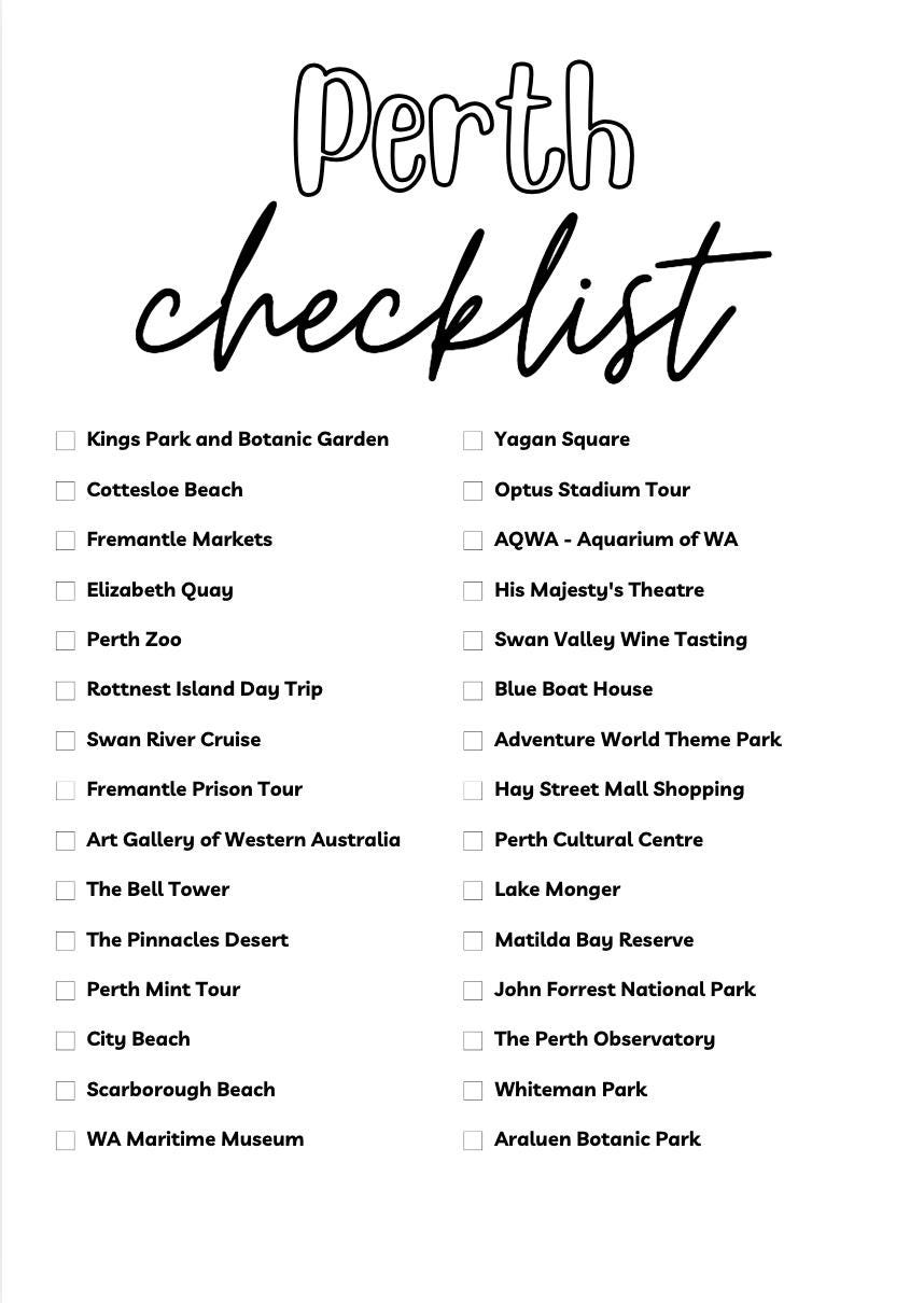 Perth Printable Checklist Bucket List (premium: Choose From 6 Designs ...