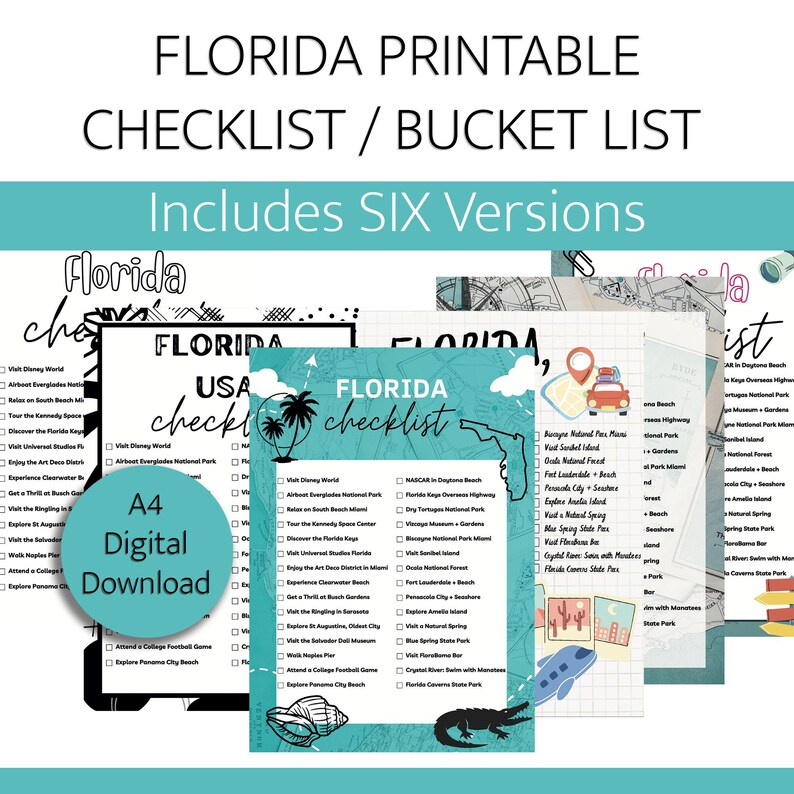 Florida Printable Checklist Bucket List (premium: Choose From 6 Designs ...