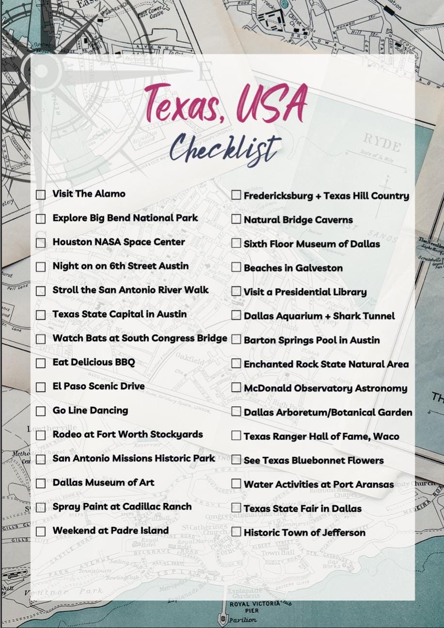 Texas Printable Checklist Bucket List premium: Choose From 6 Designs - Etsy