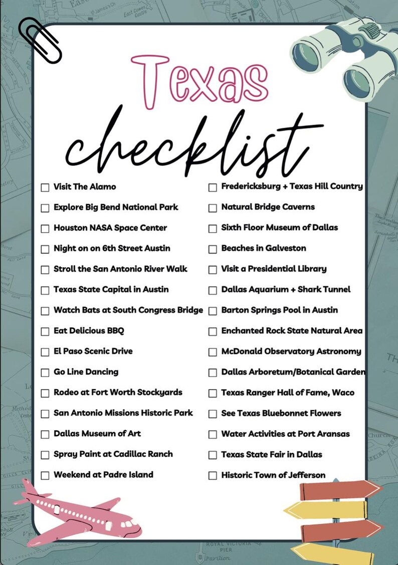 Texas Printable Checklist Bucket List premium: Choose From 6 Designs - Etsy