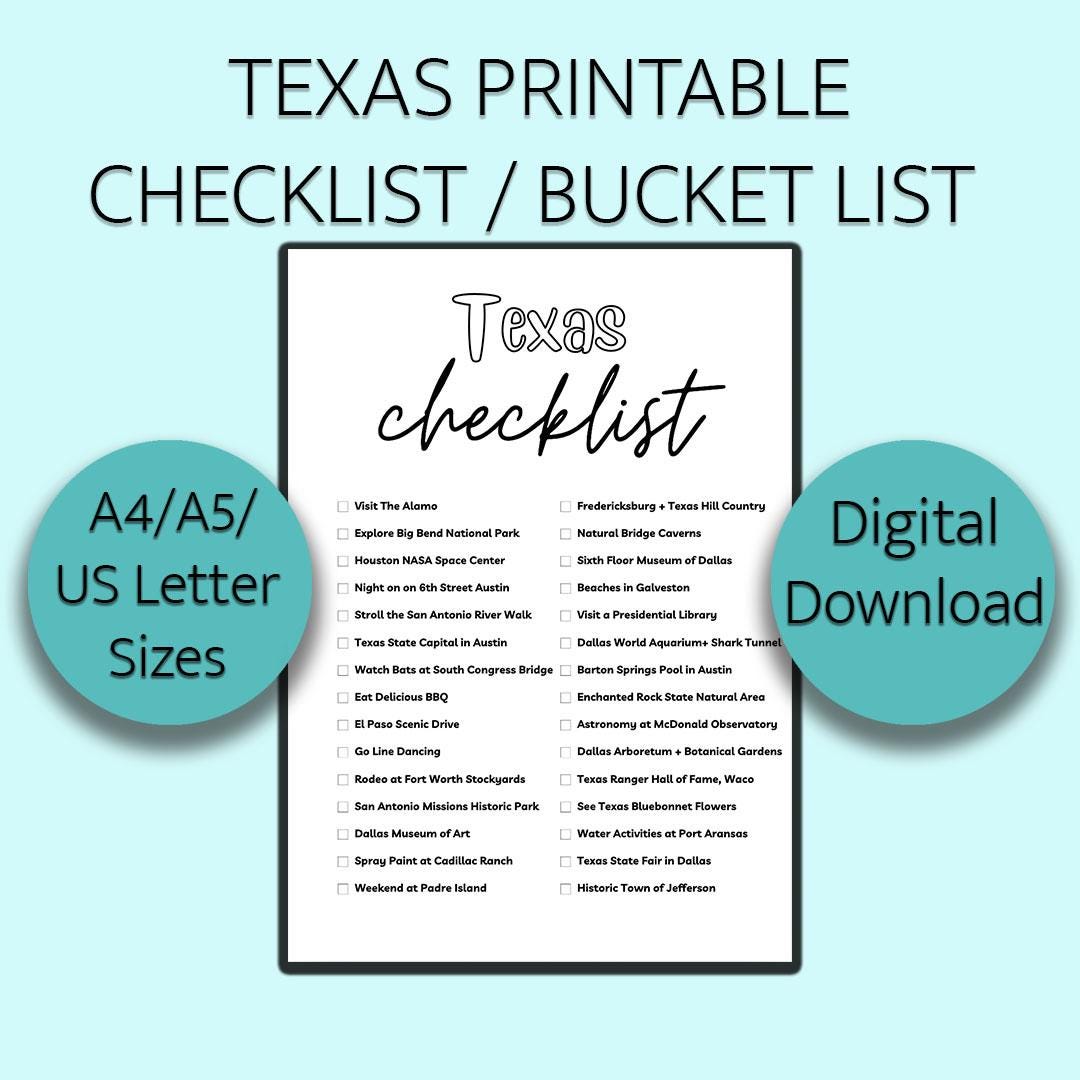 Texas Printable Bucket List Checklist (simple Style) - Etsy