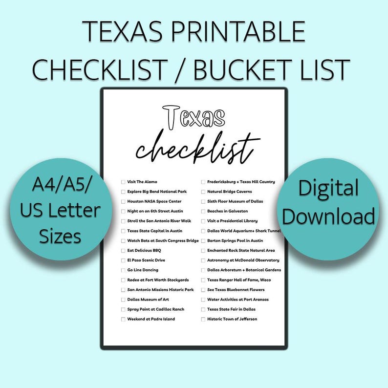 Texas Printable Bucket List Checklist (simple Style) - Etsy