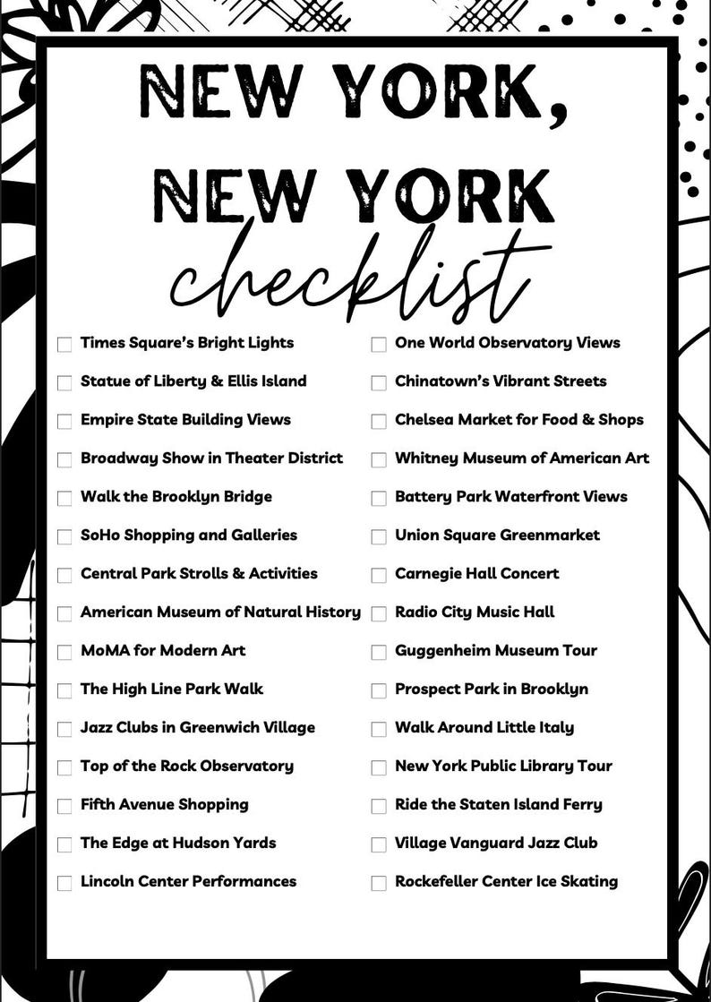New York City NYC Printable Checklist Bucket List (premium: Choose From ...