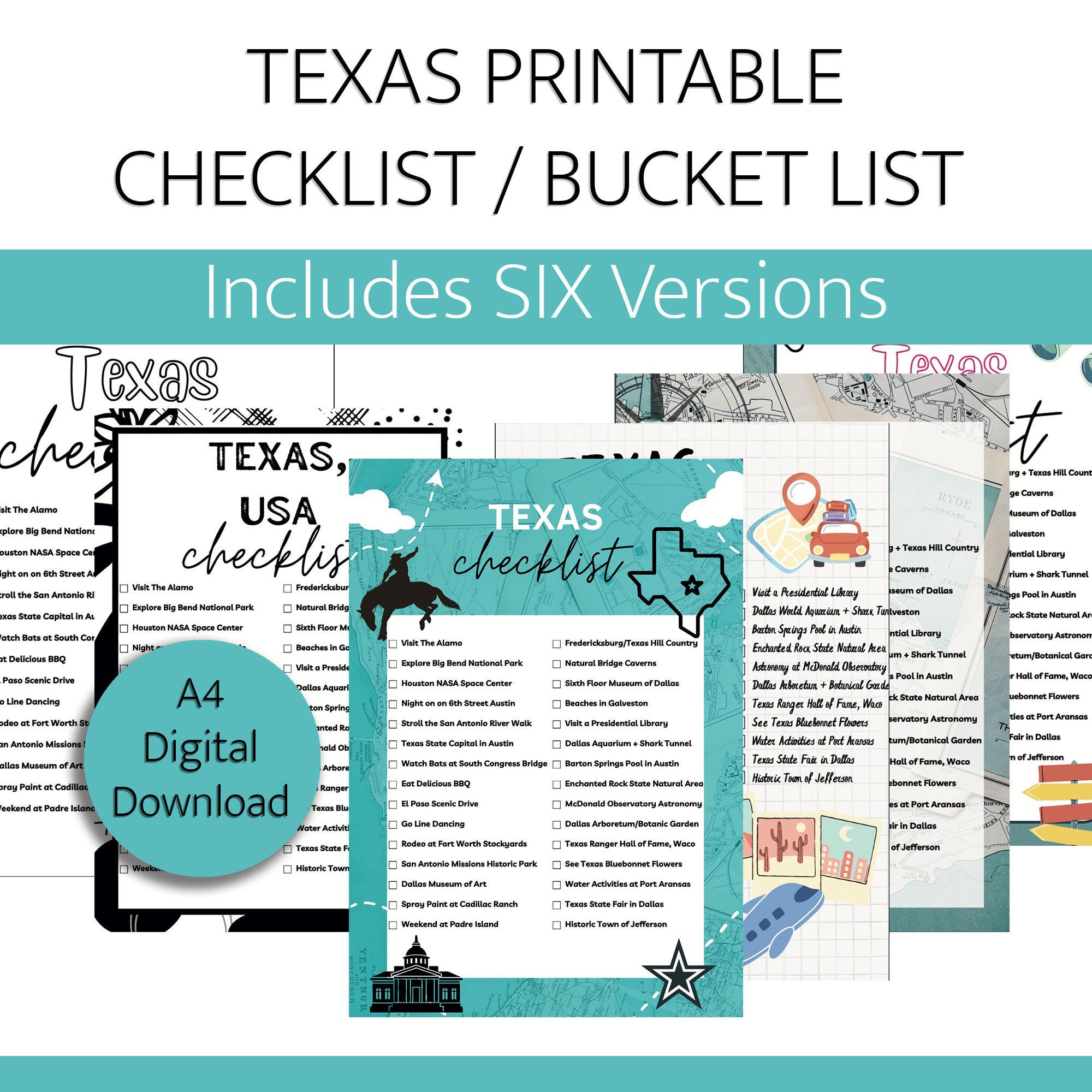 Texas Printable Checklist Bucket List (premium: Choose From 6 Designs ...