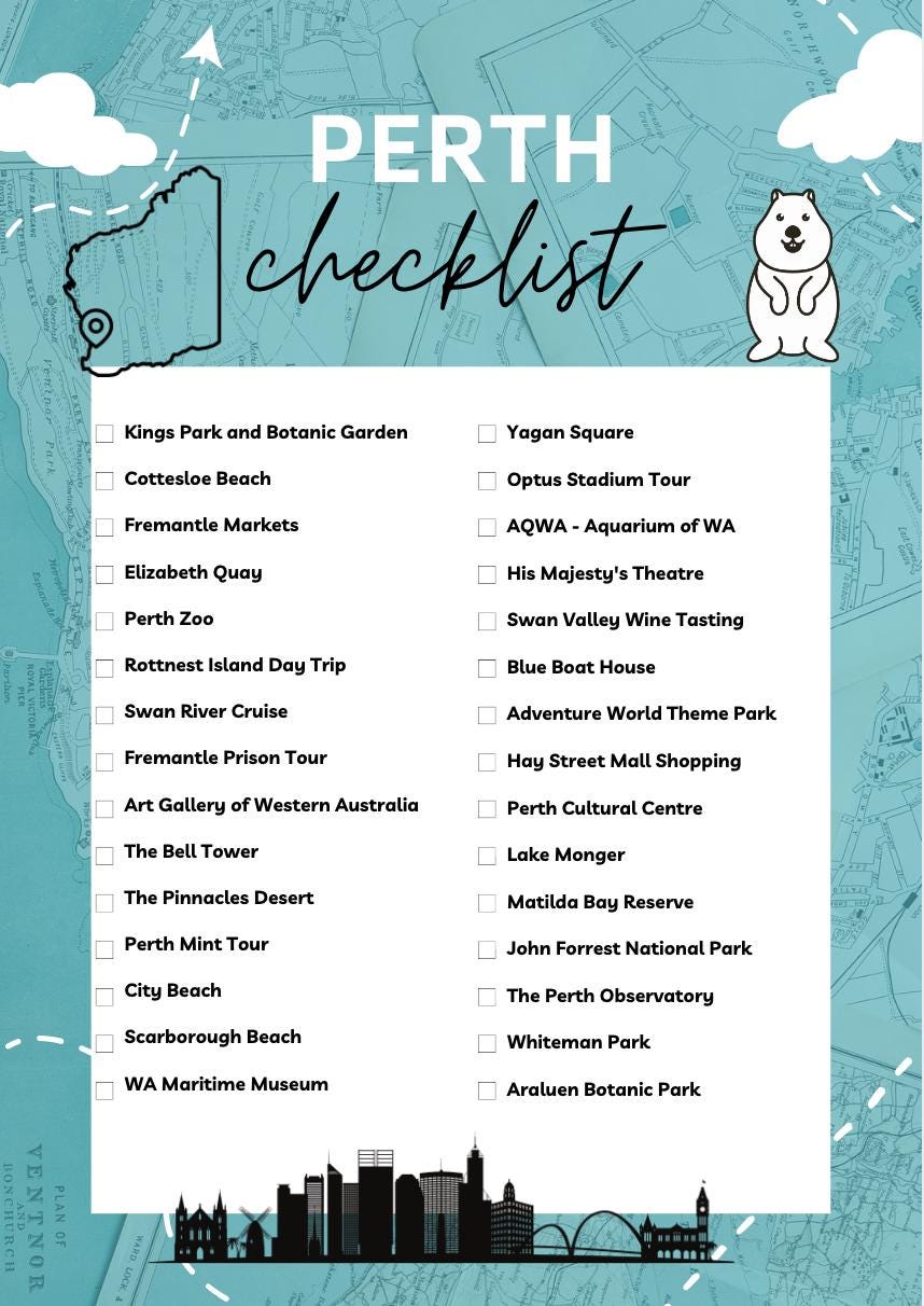 Perth Printable Checklist Bucket List (premium: Choose From 6 Designs ...