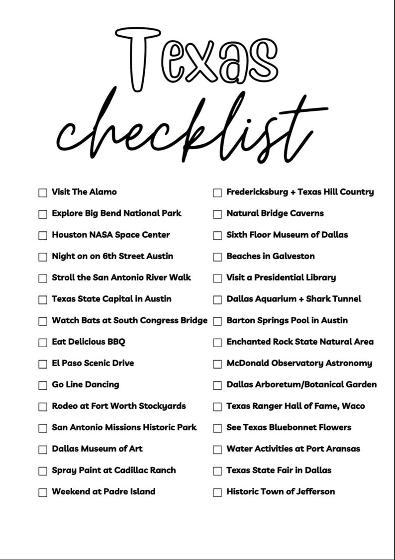 Texas Printable Checklist Bucket List premium: Choose From 6 Designs - Etsy