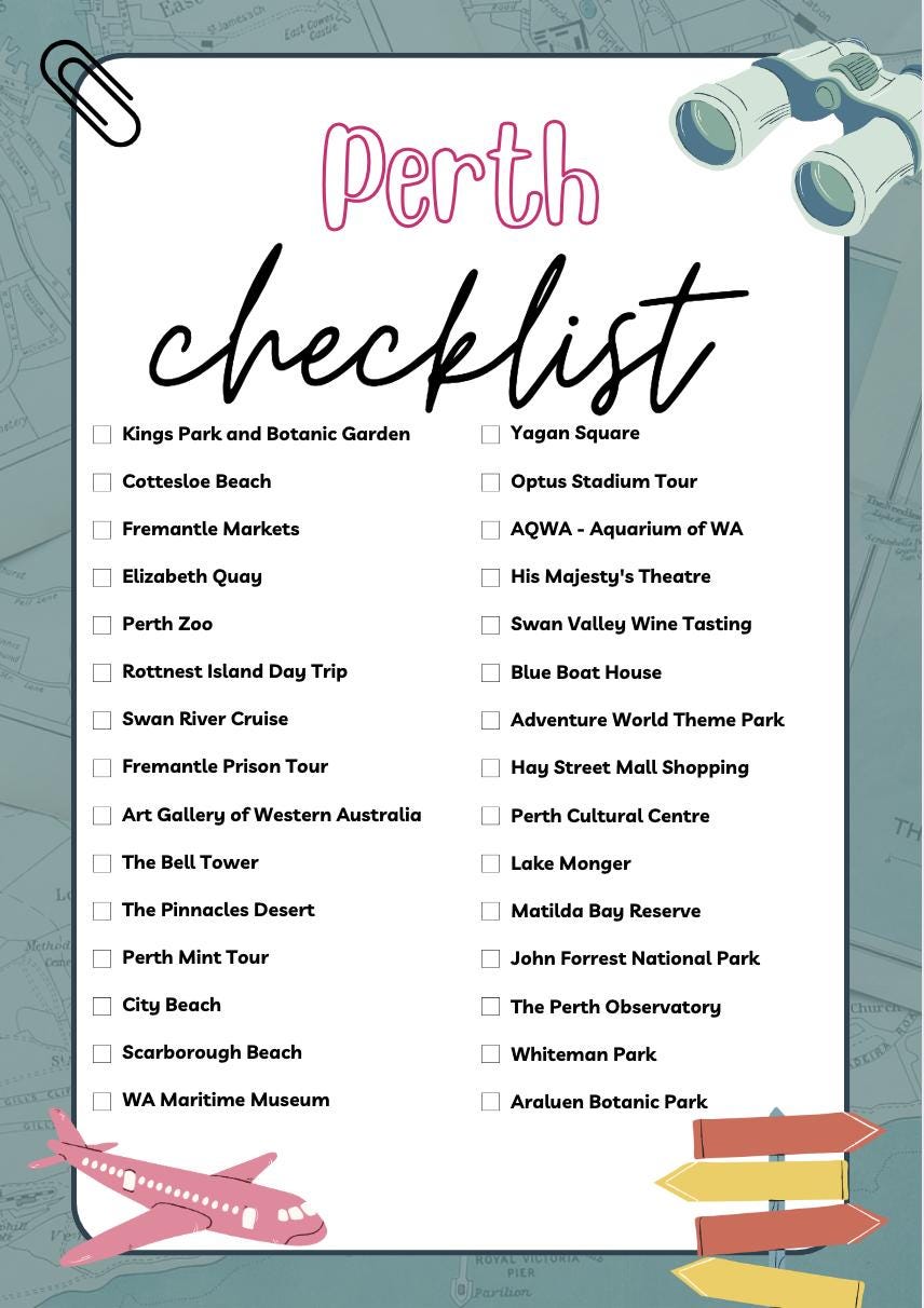 Perth Printable Checklist Bucket List (premium: Choose From 6 Designs ...