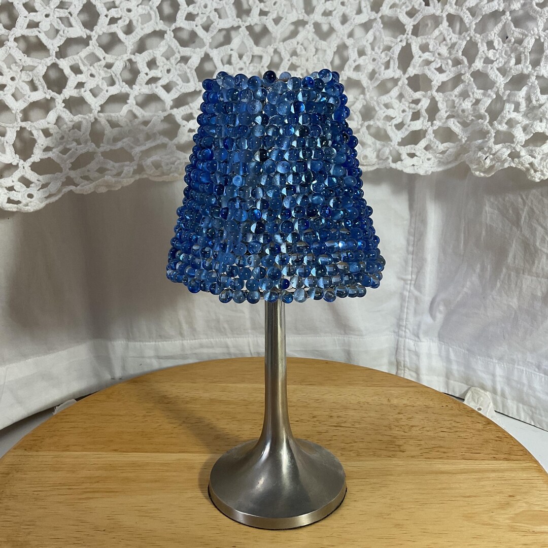 Vintage Beaded Glass Tea Light Lamp, Blue W/iridescent Shade. Matte ...